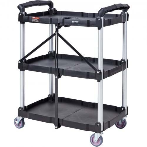 VEVOR Foldable Utility Service Cart, 3 Shelf 165LBS Heavy Duty Plastic ...