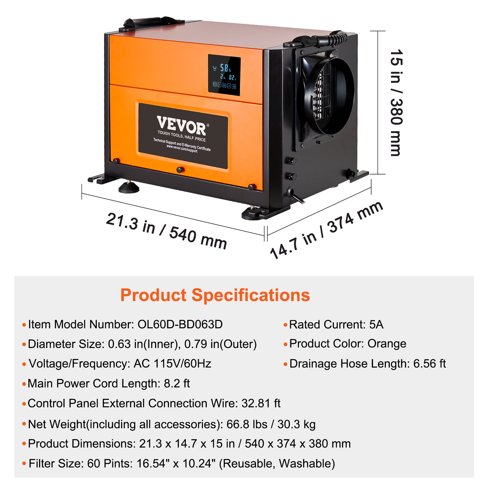 VEVOR 125 Pints Commercial Dehumidifier with Drain Hose for Crawl ...