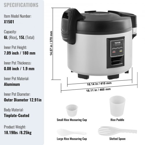 VEVOR Commercial Rice Cooker 70-Cup Non-Stick Pot 15L 12H Keep Warm ...