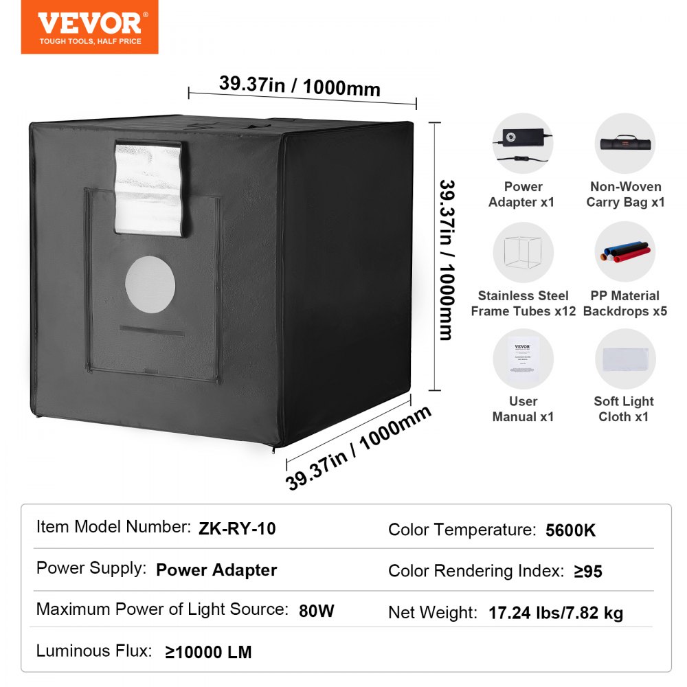 VEVOR Photo Studio Light Box 39" x 39" 5600K with 210 LED Lights Power ...