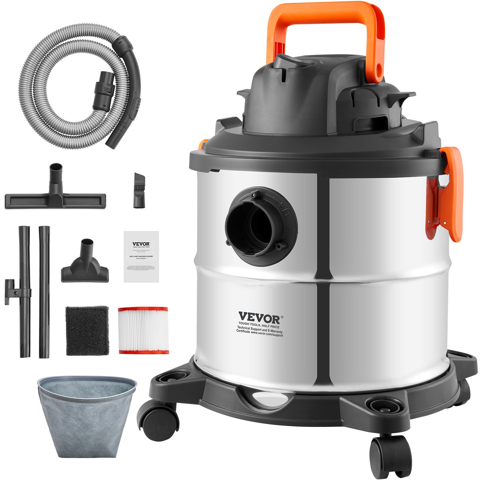 VEVOR Wet/Dry Shop Vacuum Vac 20L 6 Peak HP w/ Nozzle Stainless Steel ...