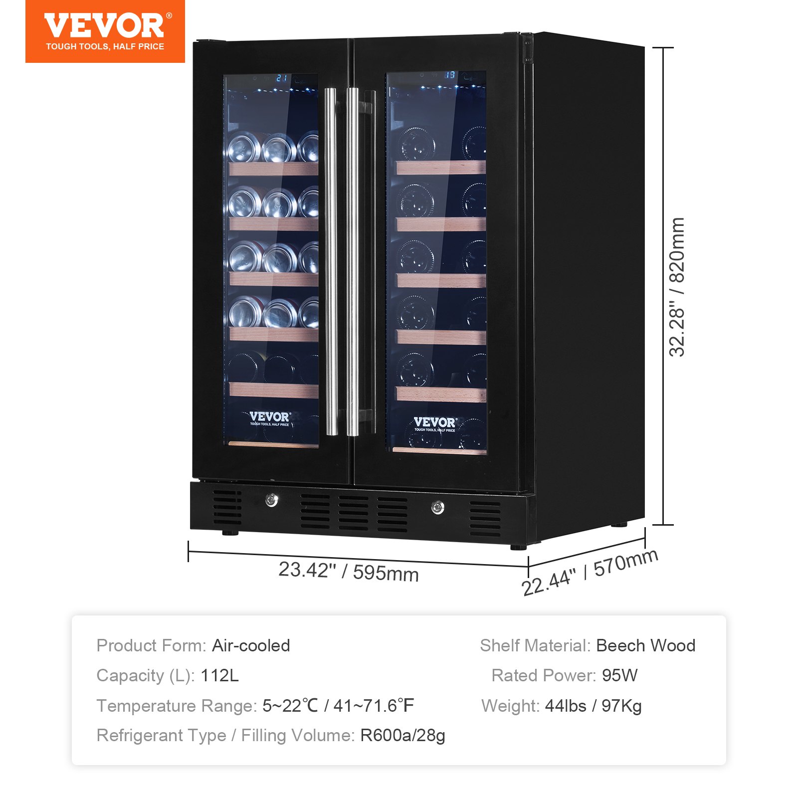 VEVOR 24" Wine and Beverage Refrigerator, 78 Cans and 20 Bottles Dual ...