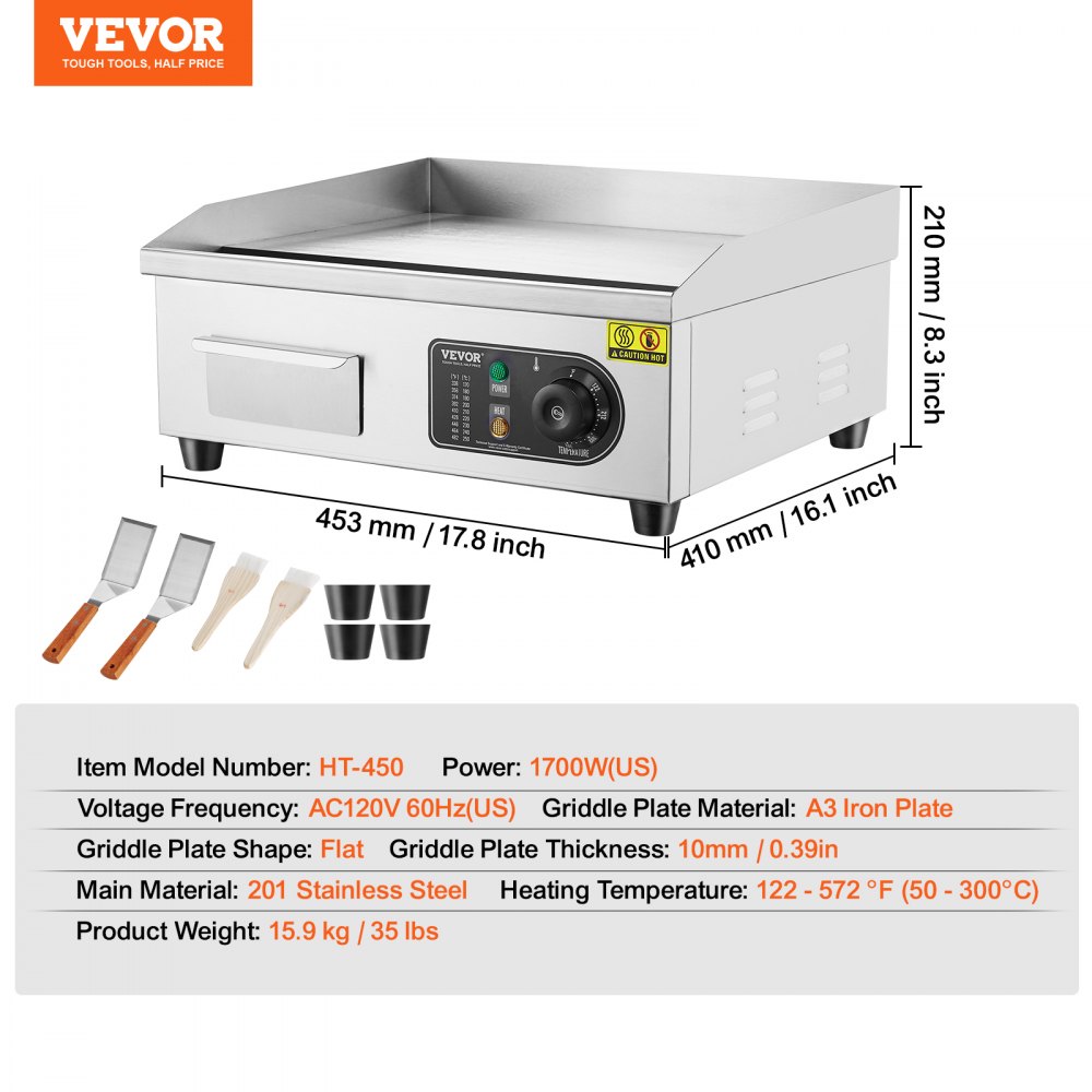 VEVOR Commercial Electric Griddle, 1700W Countertop Flat Top Grill, 122 ...