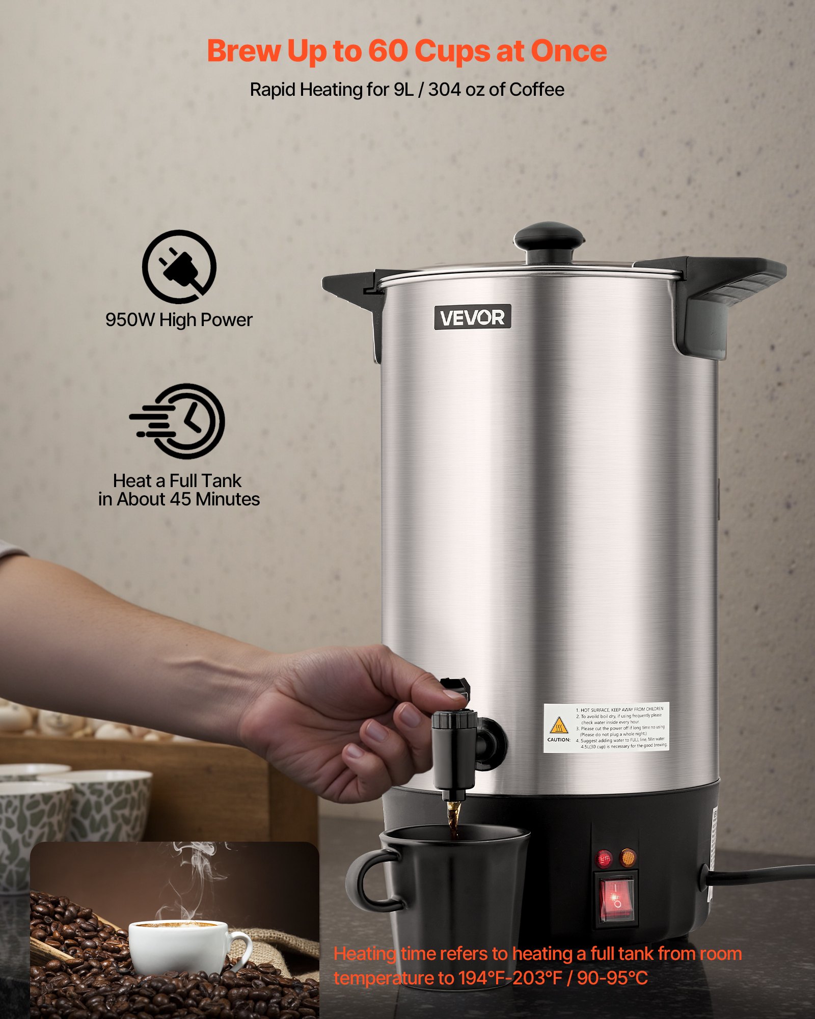 VEVOR Commercial Coffee Urn, 60 Cup 9 L Hot Beverage Dispenser with ...