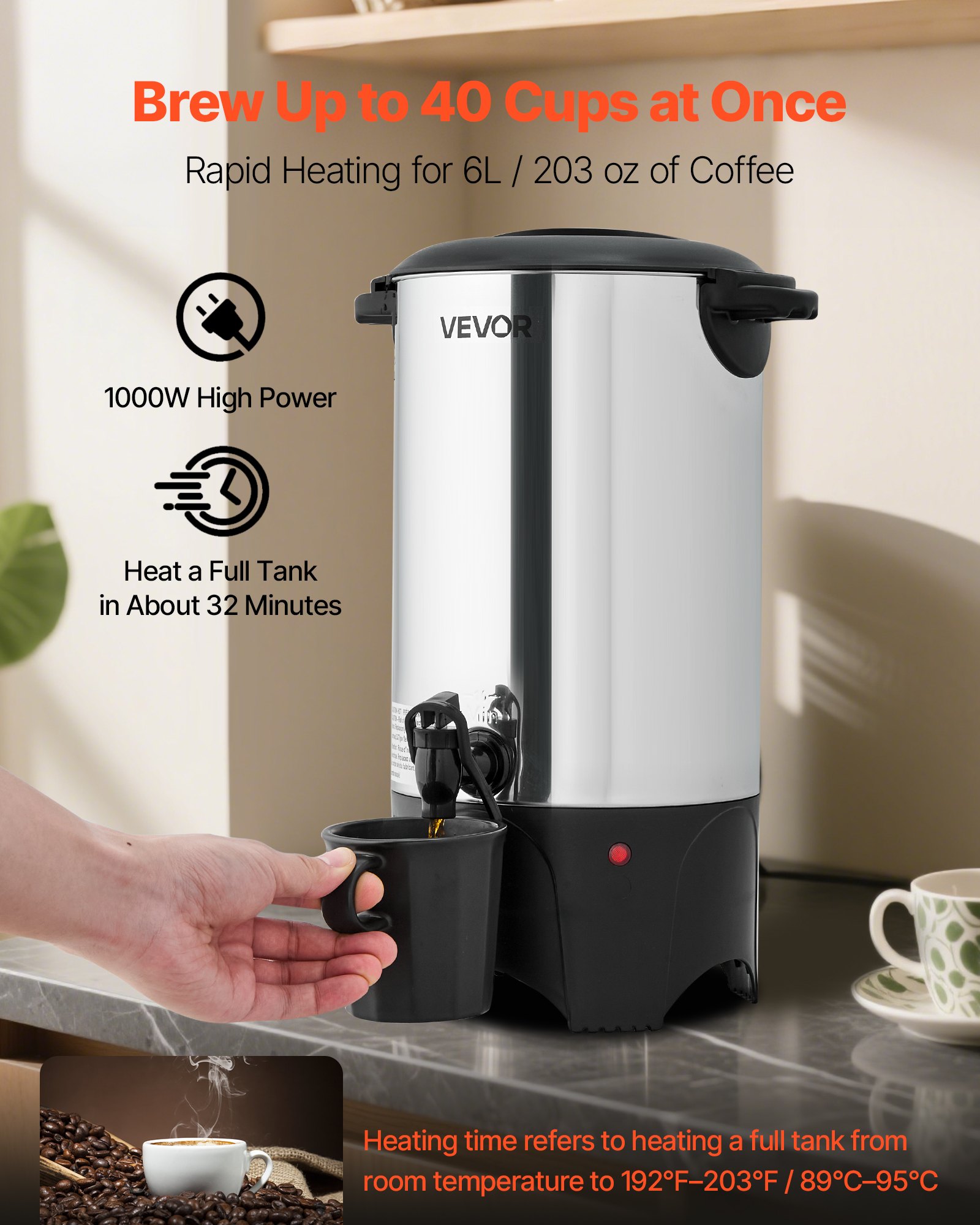 VEVOR Commercial Coffee Urn, 40 Cup 6 L Hot Beverage Dispenser with ...