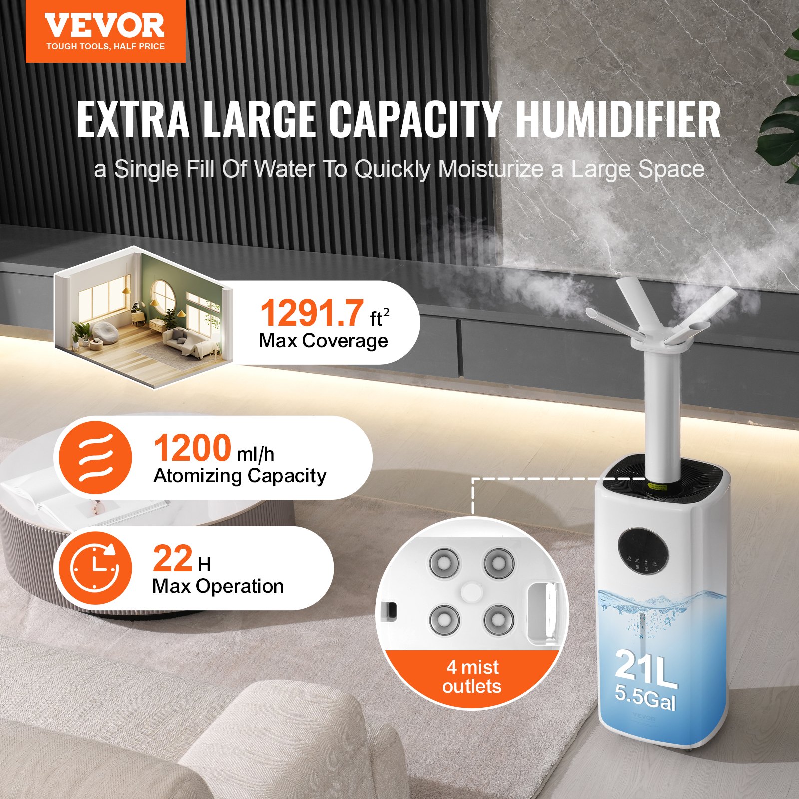 VEVOR Commercial Humidifier, 5.5 Gal/21L 40.6 oz/h Cool Mist Output ...