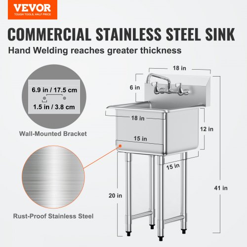 VEVOR Stainless Steel Prep & Utility Sink, 1 Compartment Free Standing ...