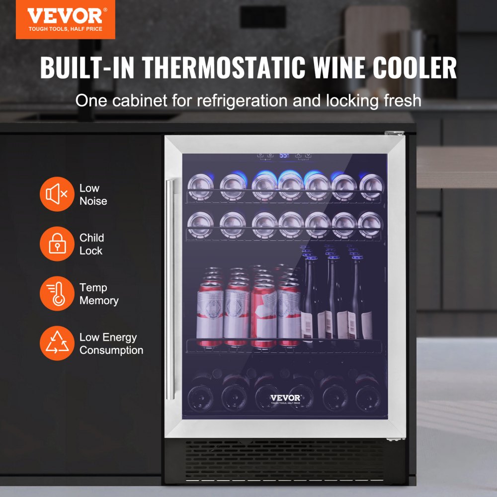 VEVOR 24" Beverage Refrigerator, 154 Cans Under Counter Built-in or ...