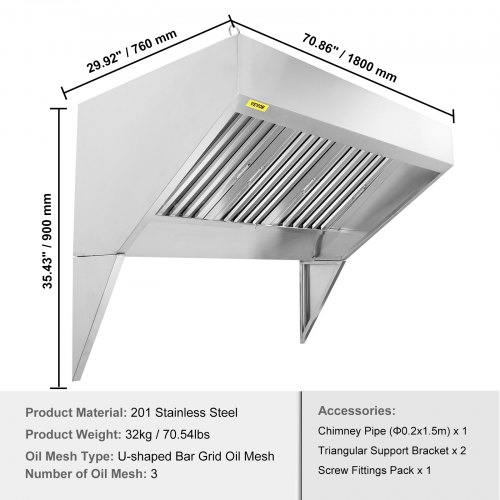 VEVOR Commercial Exhaust Hood, 6FT Food Truck Hood Exhaust, 201 ...