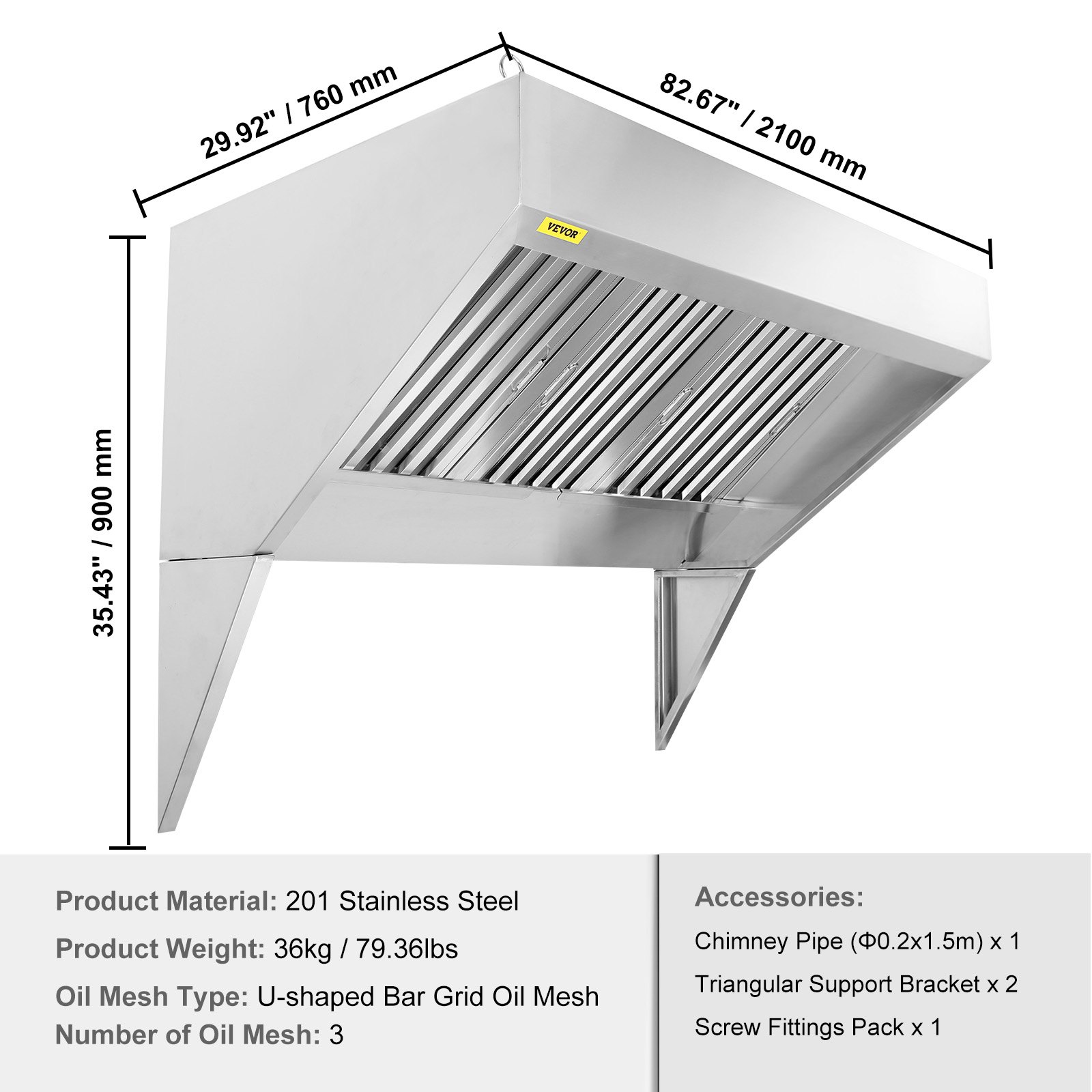 VEVOR Commercial Exhaust Hood, 7FT Food Truck Hood Exhaust, 201 ...