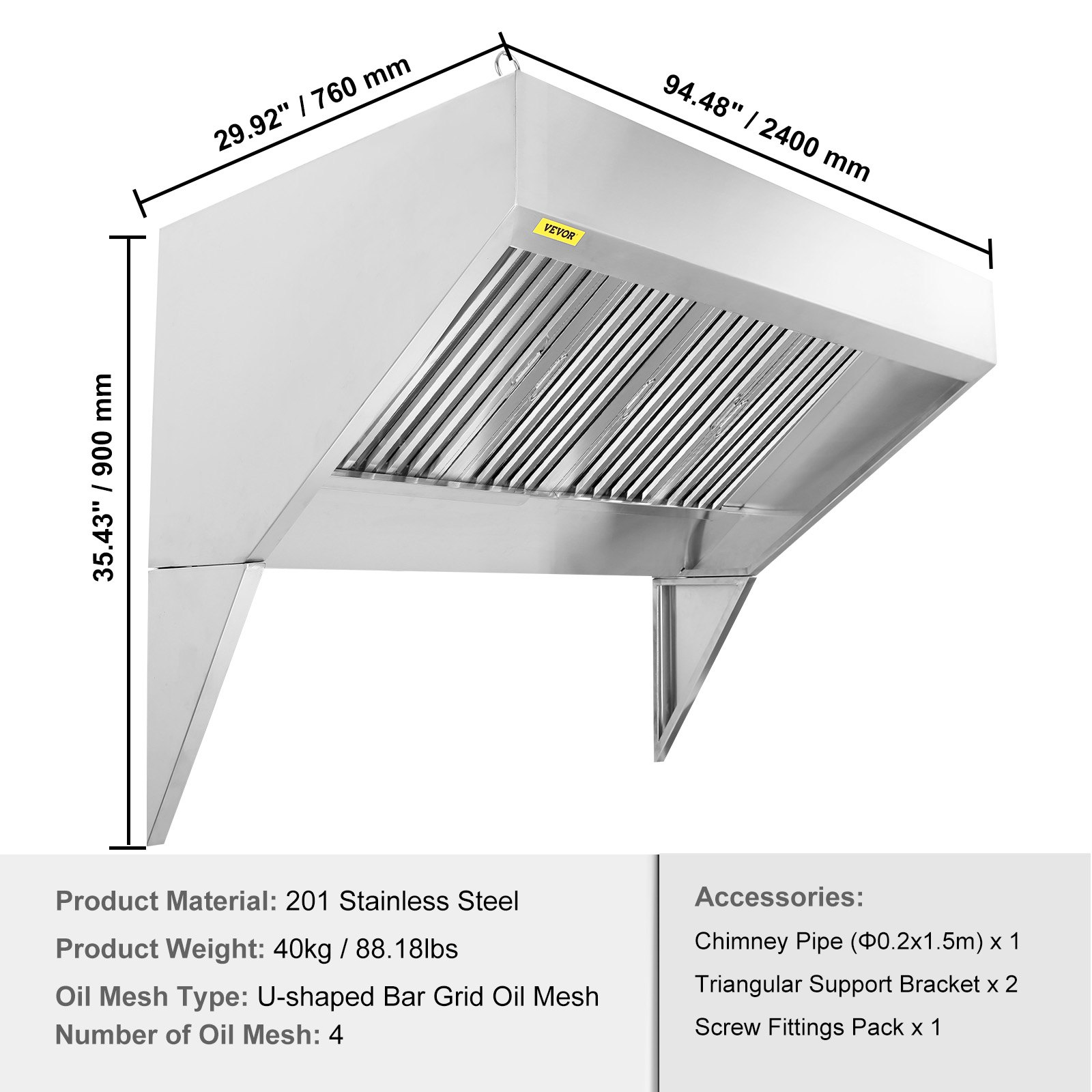 VEVOR Commercial Exhaust Hood, 8FT Food Truck Hood Exhaust, 201 ...