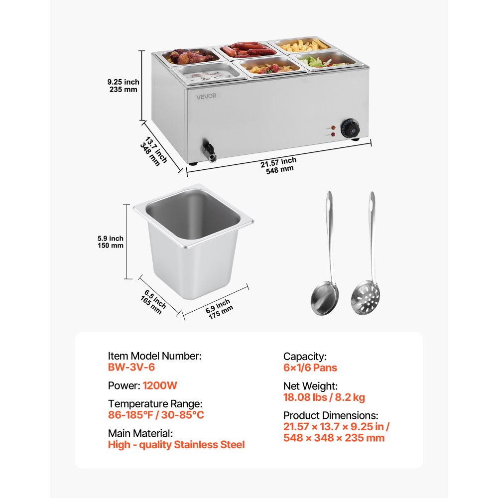 VEVOR Commercial Food Warmer, 6-Pan Electric Steam Table, 1200W ...