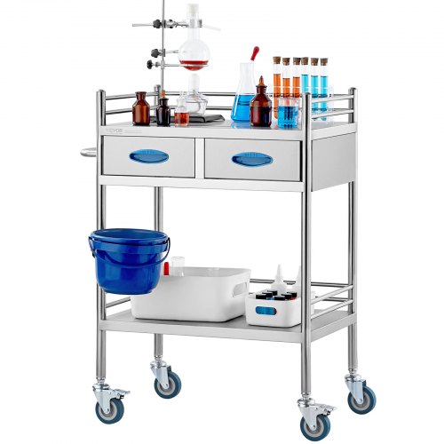 VEVOR Lab Serving Cart, 2 Layers Stainless Steel Utility Rolling Cart ...