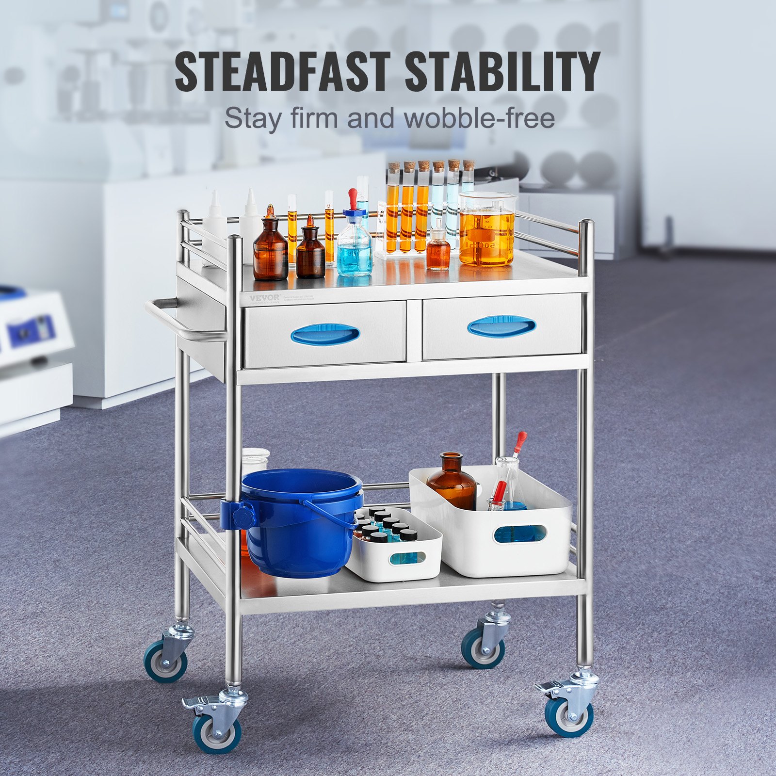 VEVOR Lab Serving Cart, 2 Layers Stainless Steel Utility Rolling Cart ...