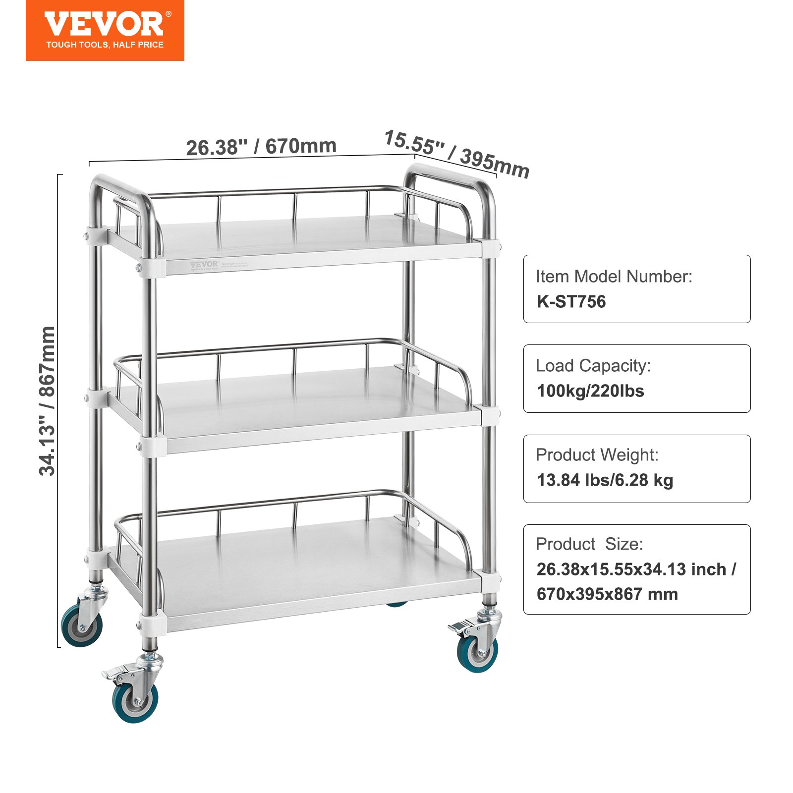 VEVOR Lab Rolling Cart, 3-Shelf Stainless Steel Rolling Cart, Lab ...