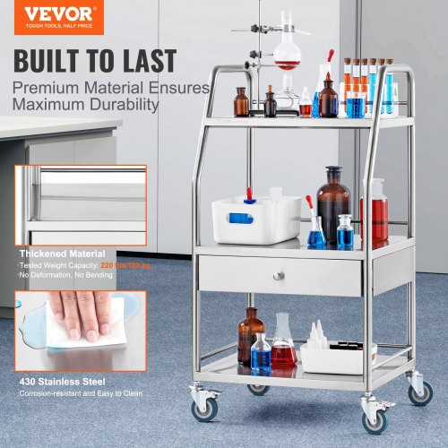 VEVOR Lab Serving Cart, 3 Layers Stainless Steel Utility Rolling Cart ...