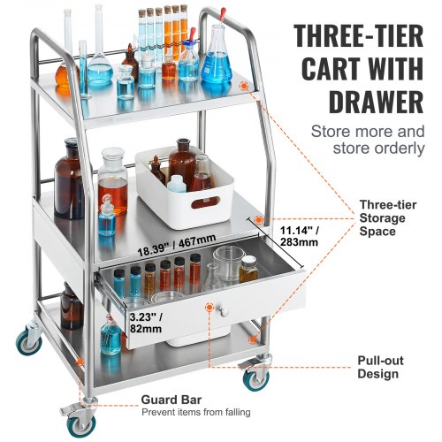 VEVOR Lab Serving Cart, 3 Layers Stainless Steel Utility Rolling Cart ...