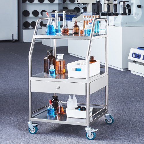 VEVOR Lab Serving Cart, 3 Layers Stainless Steel Utility Rolling Cart ...