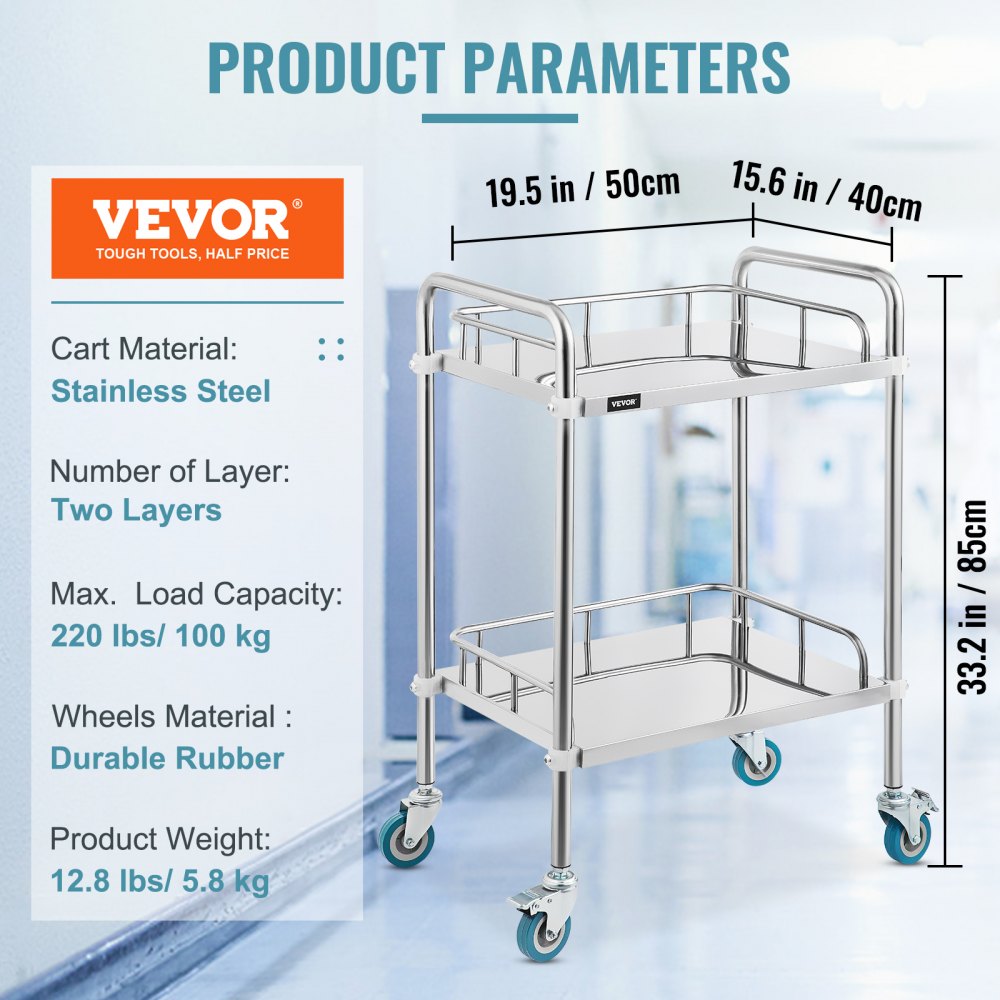 VEVOR 2-Shelf lab cart with Wheels Stainless Steel Rolling cart Lab ...