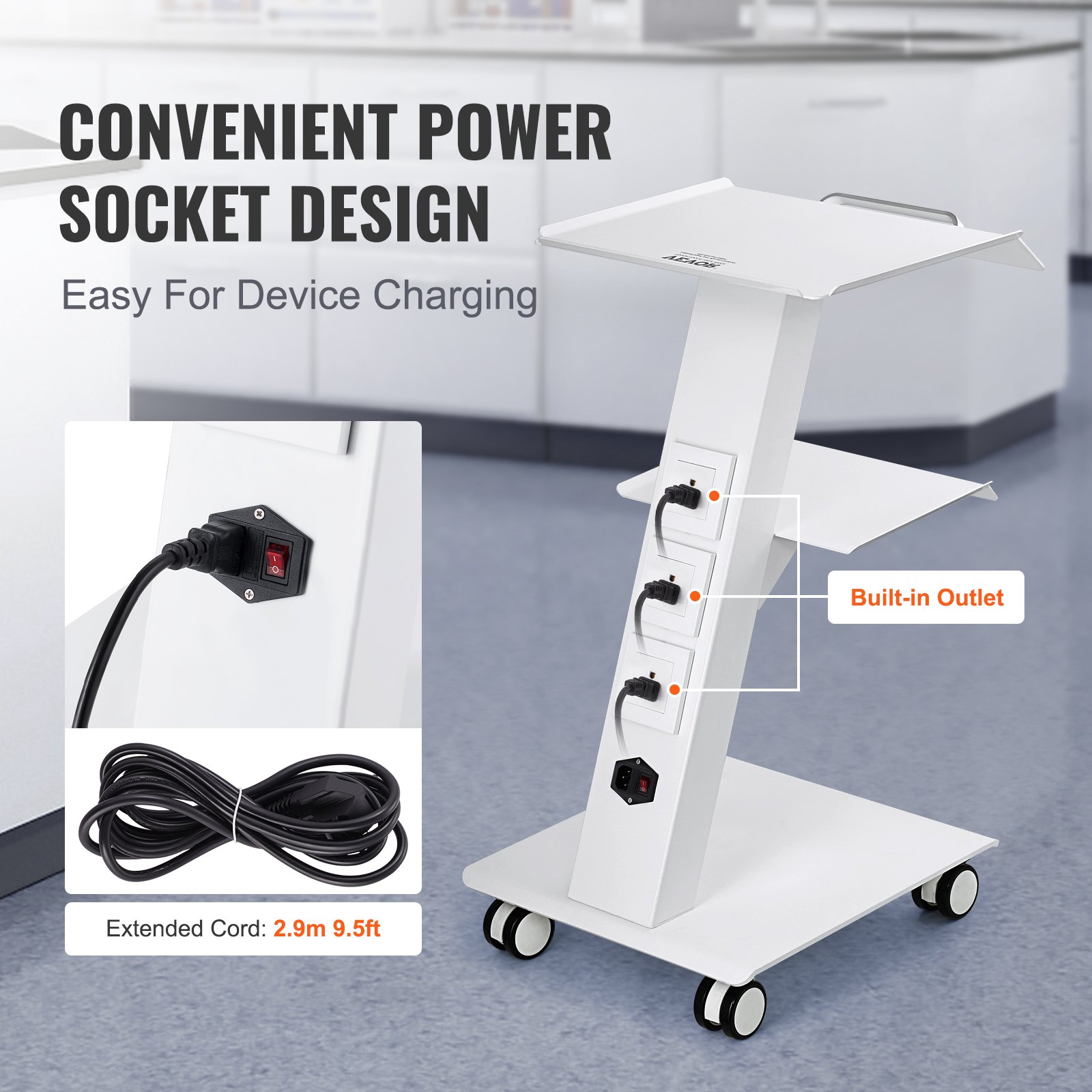 VEVOR Lab Trolley, Rolling Lab Cart with Built-in Socket, 3-Layer Metal ...