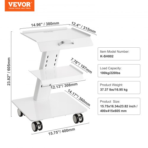 VEVOR Lab Trolley, 3-Layer Rolling Lab Cart, Metal Mobile Trolley with ...