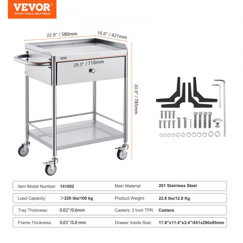 VEVOR Medical Cart, 2-Layer Stainless Steel Cart 220 lbs Weight ...