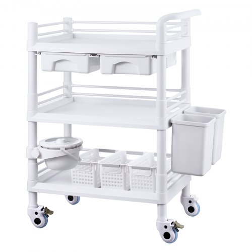 VEVOR 3 Tiers Lab Carts Mobile Medical Cart with 3 Trays & 3 Trash Cans ...