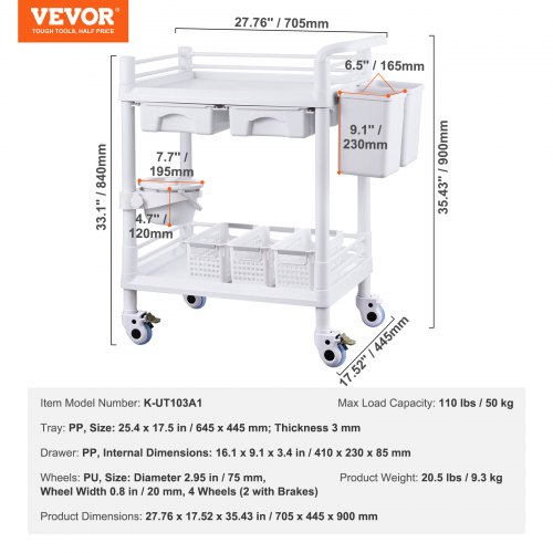 VEVOR 2 Tiers Lab Carts Mobile Medical Cart 2 Trays 2 Drawers 3 Trash ...