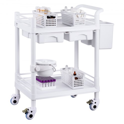VEVOR 2 Tiers Lab Carts Mobile Medical Cart 2 Trays 2 Drawers 3 Trash ...