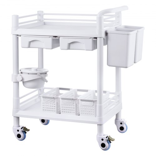VEVOR 2 Tiers Lab Carts Mobile Medical Cart 2 Trays 2 Drawers 3 Trash ...