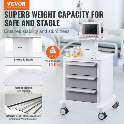 VEVOR 4 Tiers Lab Carts Mobile Medical Cart with 3 Drawers & 1 Top Tray ...