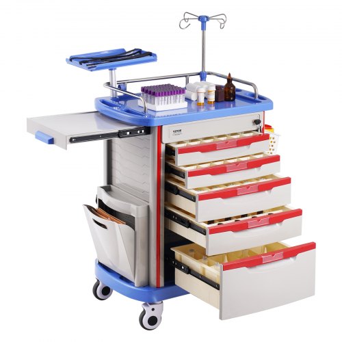 VEVOR 5 Tiers Lab Carts Mobile Medical Cart with 5 Drawers & 2 Trash ...