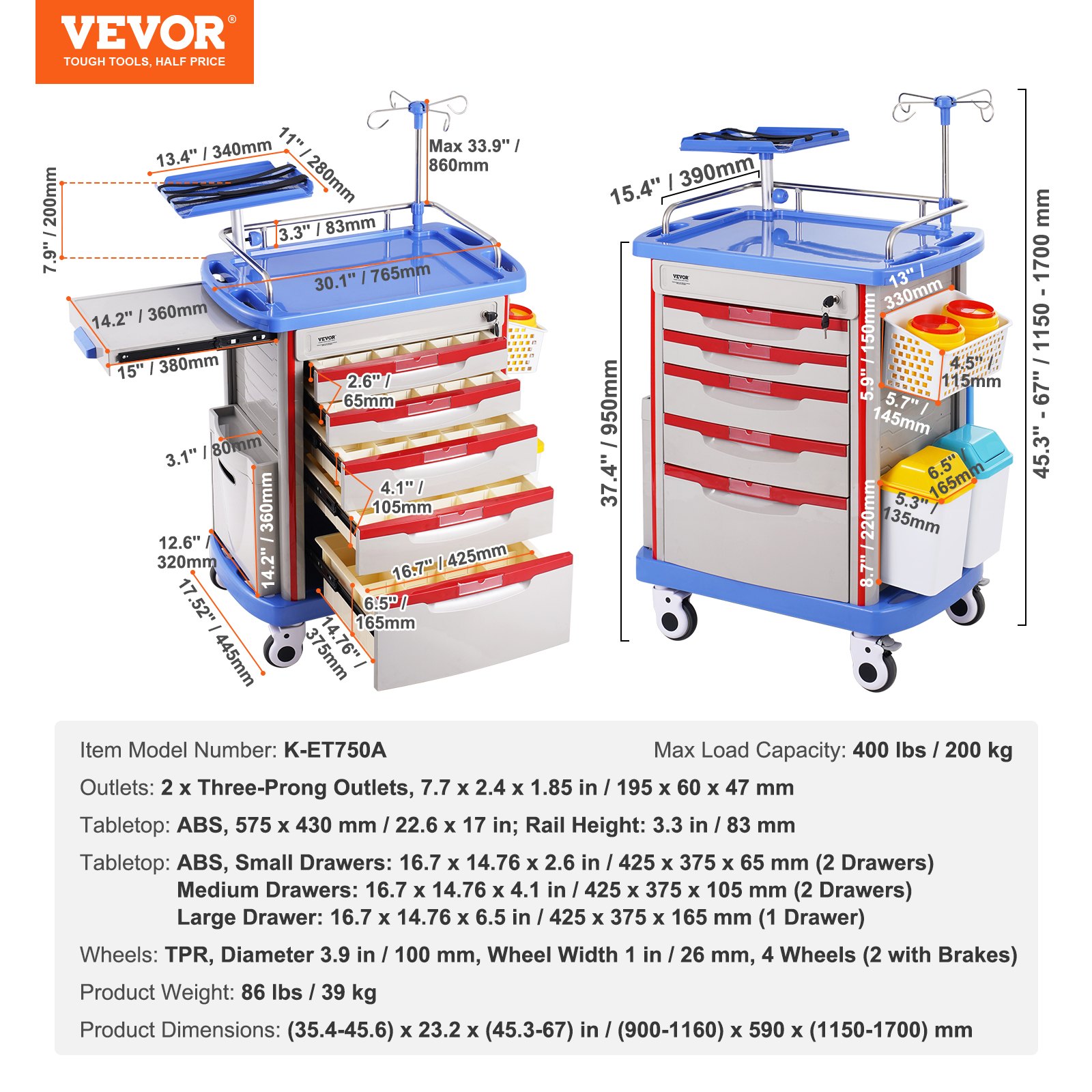 VEVOR 5 Tiers Lab Carts, Lab Utility Cart with 5 Drawers & 4 Silent ...