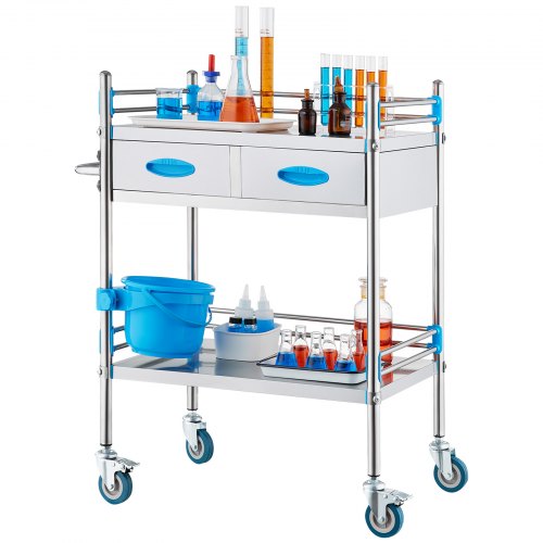 VEVOR Stainless Steel Utility Cart, 2 Layers with Two Lockable Wheels ...