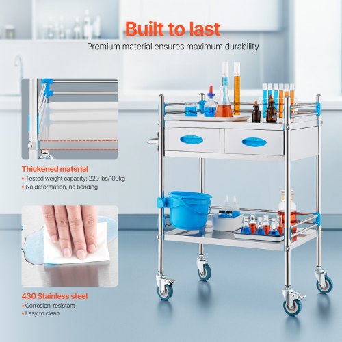 VEVOR Stainless Steel Utility Cart, 2 Layers with Two Lockable Wheels ...