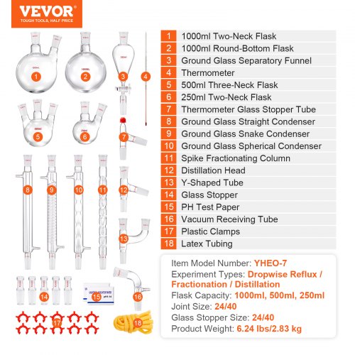 VEVOR Lab Distillation Kit, 3.3 Boro Lab Glassware Distillation Kit ...