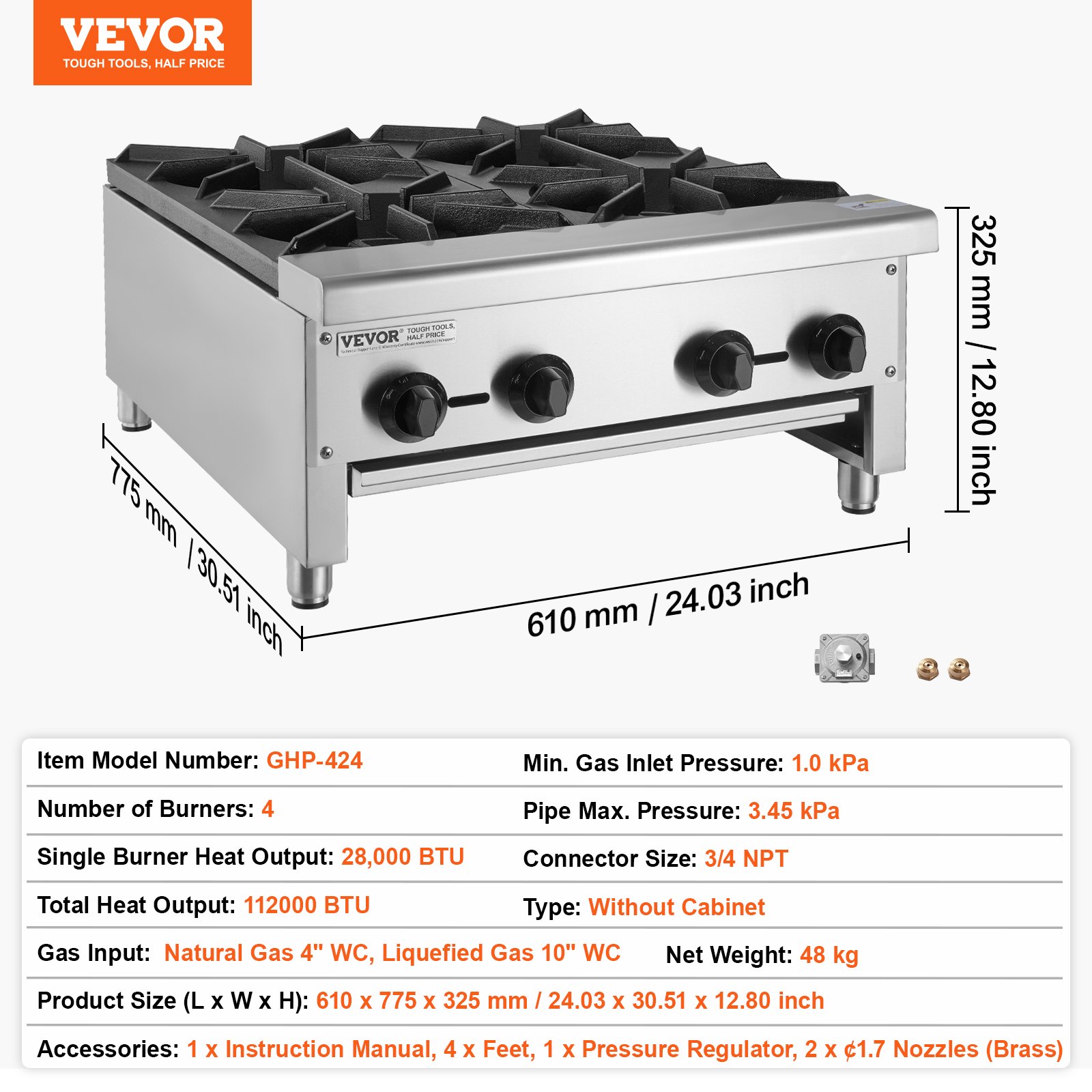 VEVOR Commercial Gas Range Stove 4 Burners Countertop Cooking Hot Plate ...