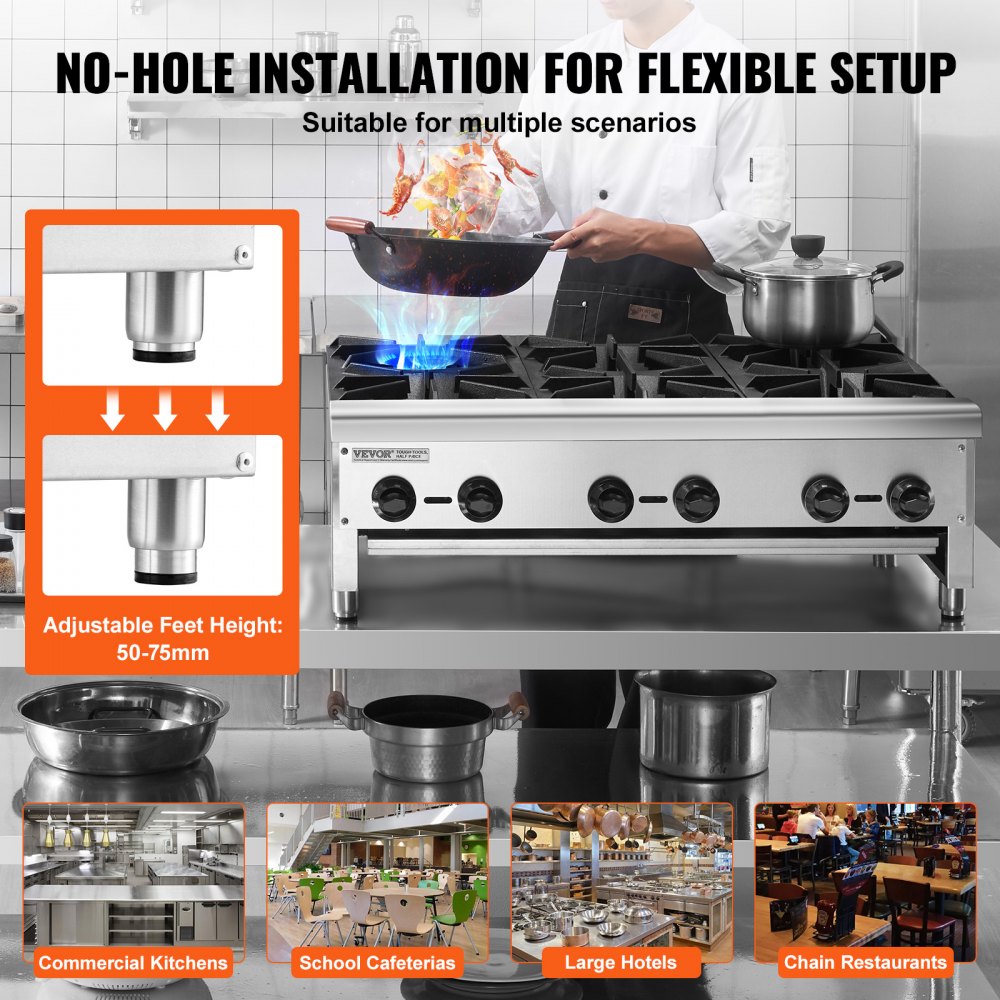 VEVOR 6 Burner Gas Cooktop Commercial - 168,000 BTU, Durable