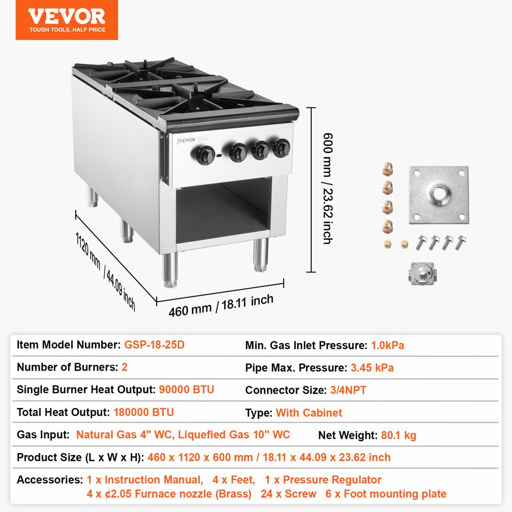 VEVOR Commercial 2 Burner Gas Stove – 180,000 BTU