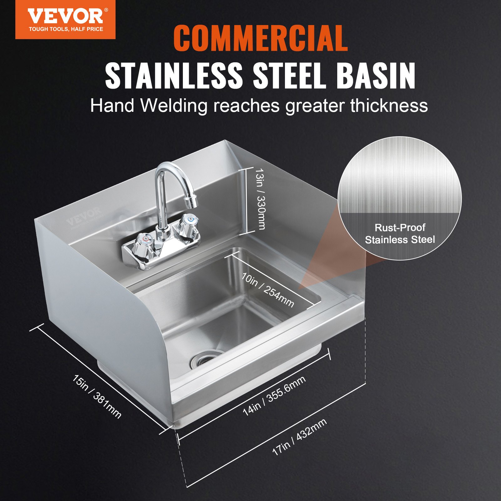 VEVOR Commercial Hand Sink with Faucet and Side Splash, NSF Stainless ...