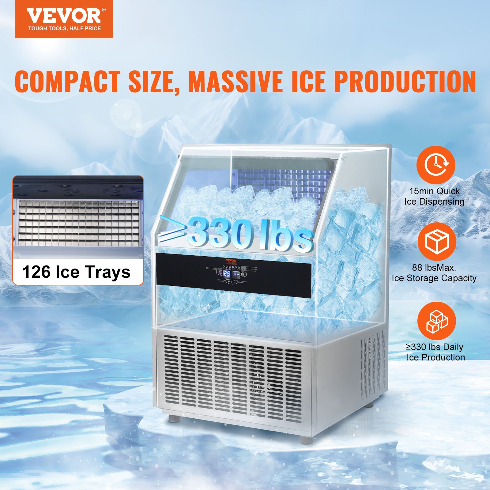 VEVOR Commercial Ice Maker, 330lbs/24H, Ice Maker Machine, 126 Ice ...
