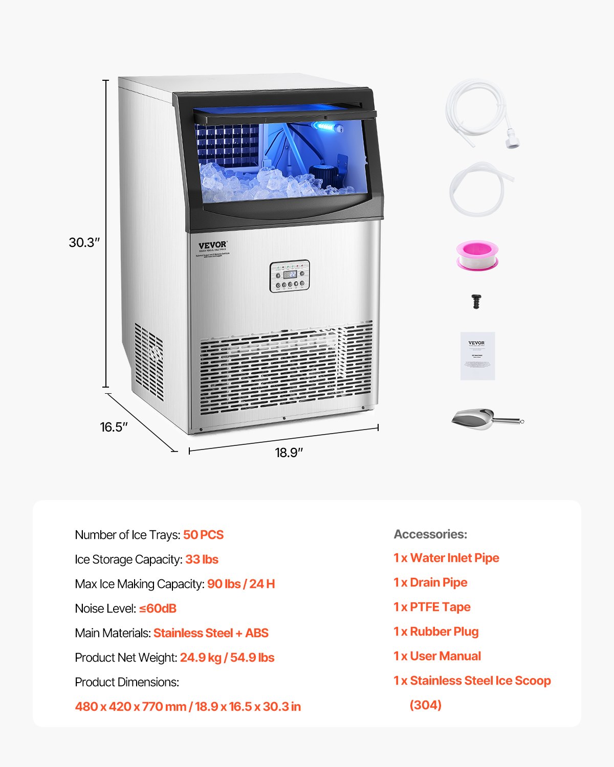 VEVOR Commercial Ice Maker Machine, 90lbs/24H Ice Maker Machine with ...