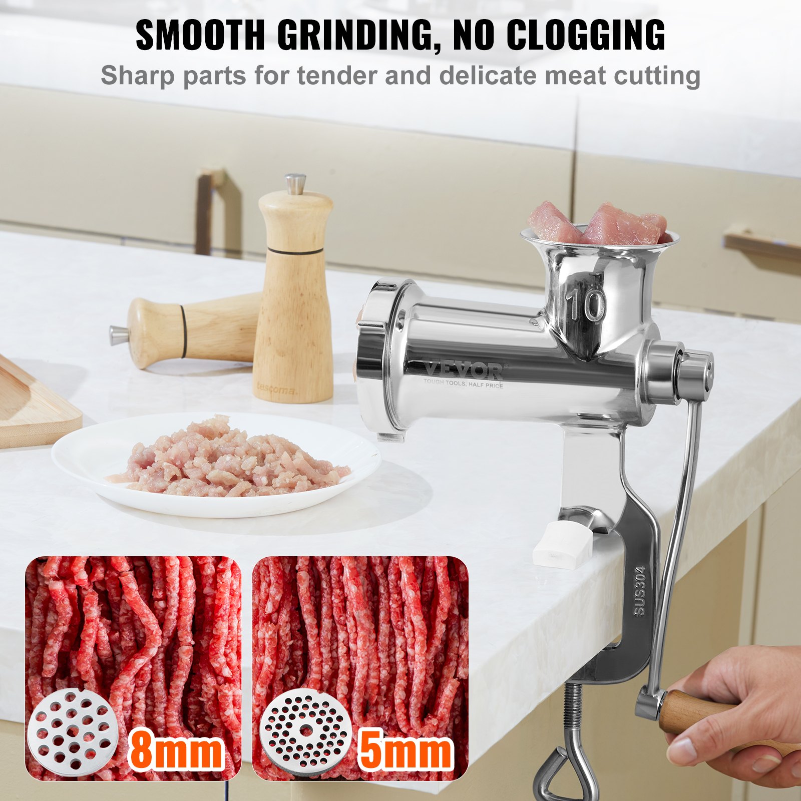 VEVOR Meat Grinders, All Parts Stainless Steel, Hand Operated Meat Grinding Machine with ...