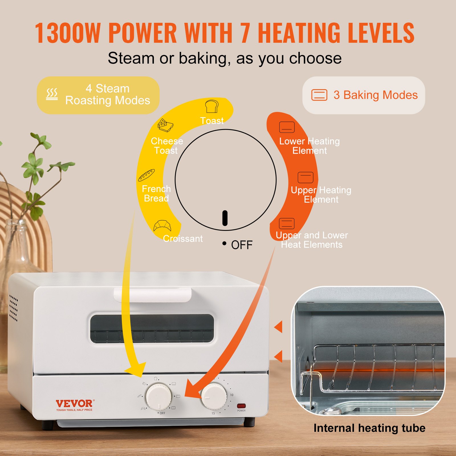 VEVOR Steam Oven Toaster, 12L Countertop Convection Oven, 1300W 5 In 1 ...