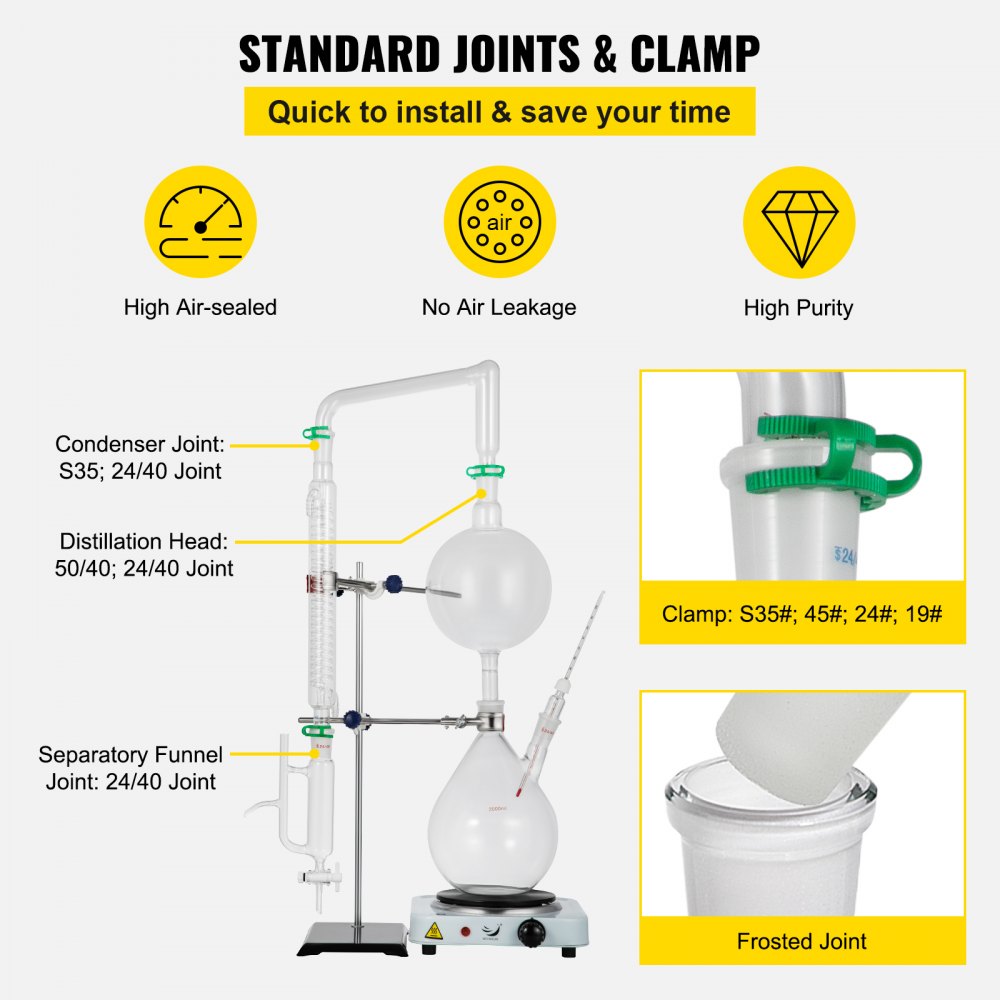 VEVOR 2L Essential Oil Distillation Apparatus Lab Glassware ...