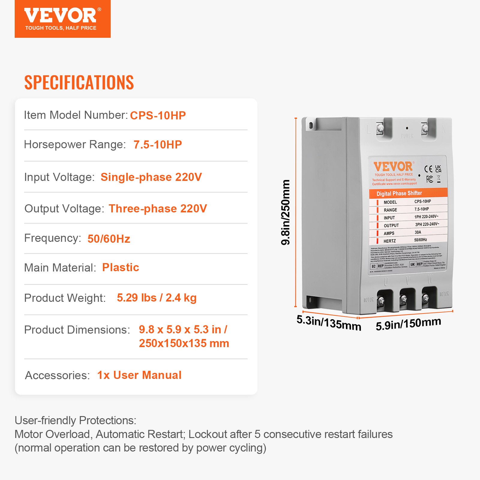 VEVOR 3 Phase Converter - 10HP 30A 220V Single Phase to 3 Phase ...