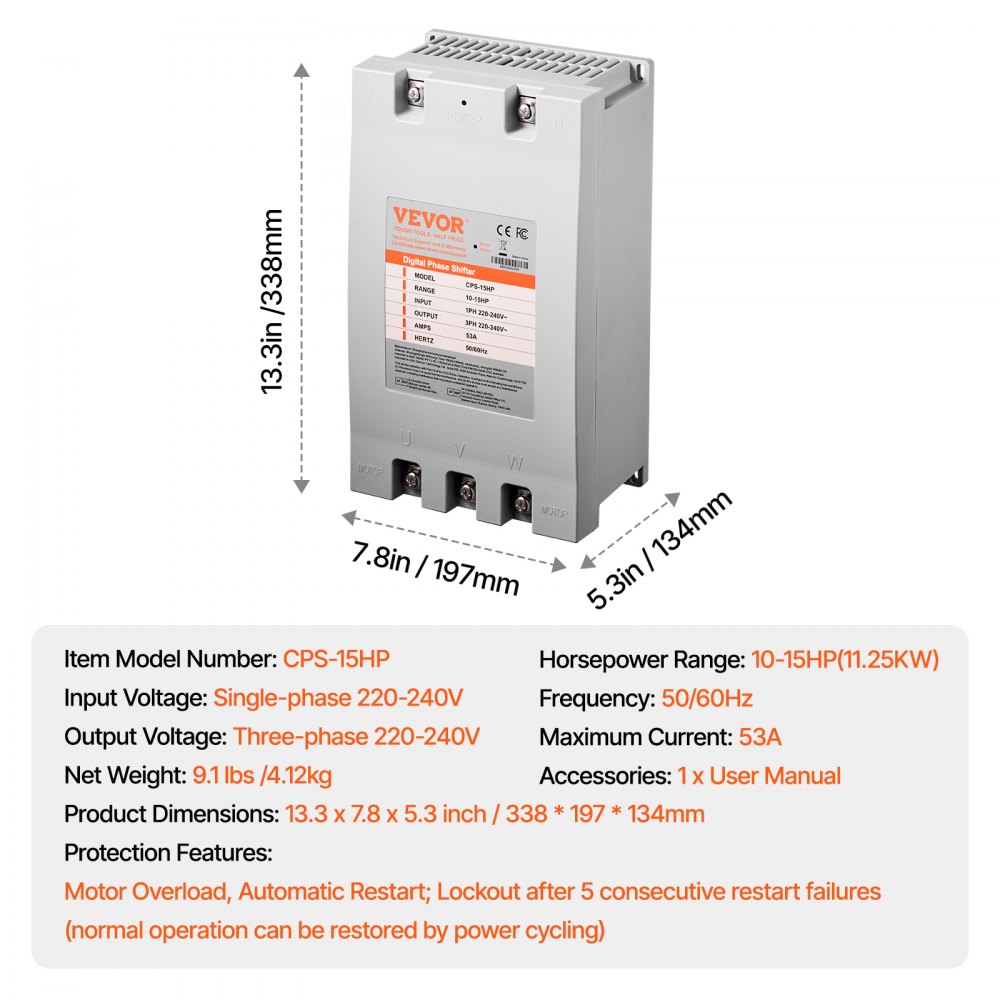 VEVOR 3 Phase Converter 15HP 53A 220V Single to 3 Phase 220V-240V Input ...