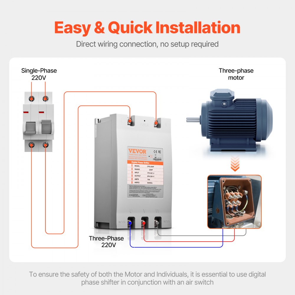 VEVOR Single Phase to 3 Phase Converter — 70A Load Capacity