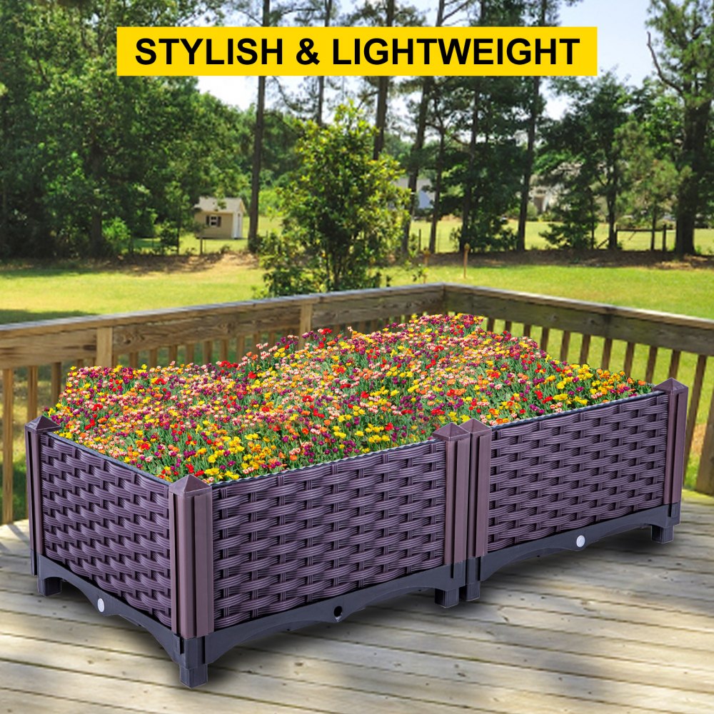 VEVOR Plastic Raised Garden Bed, 9" H Flower Box Kit, Brown Rattan ...