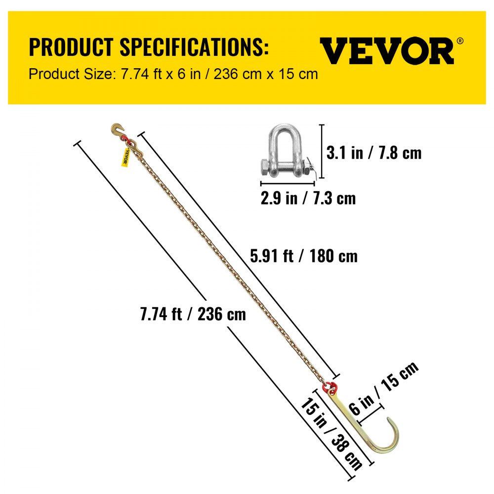 VEVOR J Hook Chain, 5/16 in x 6 ft Tow Chain Bridle, Grade 80 J Hook Transport Chain, 9260 Lbs ...